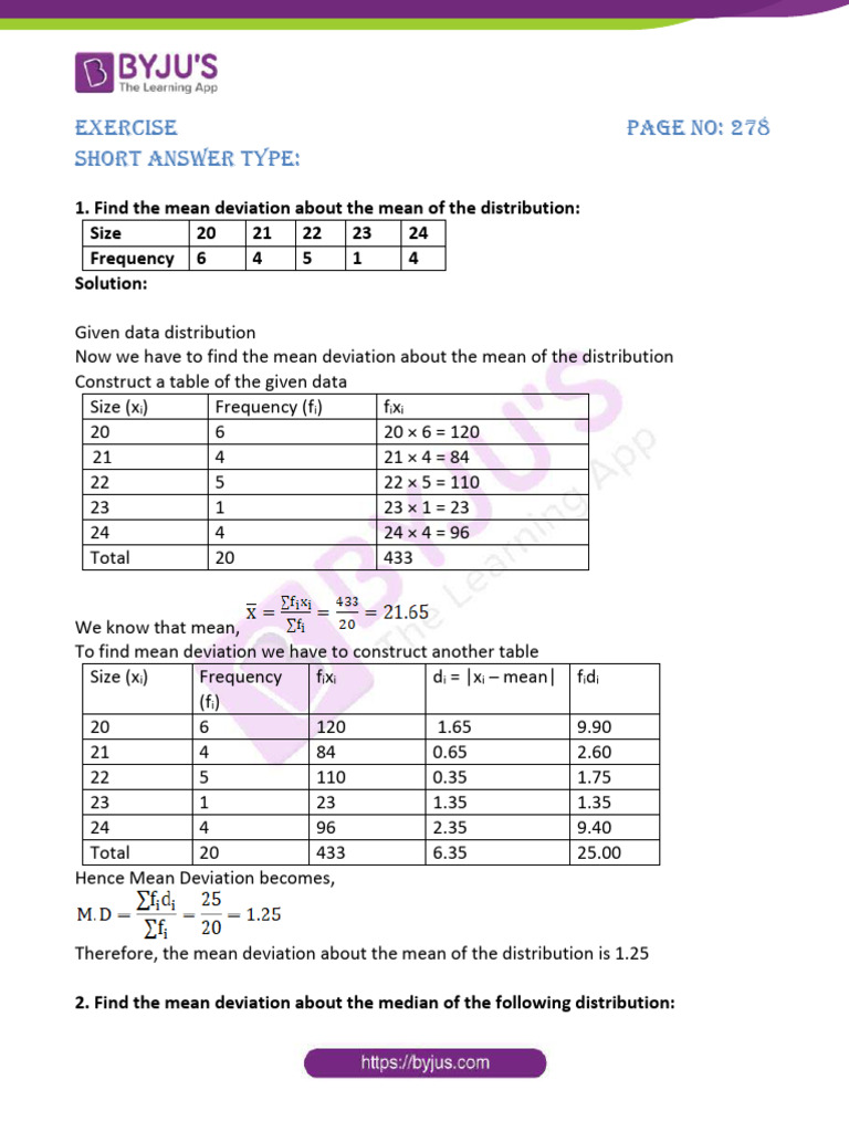 NCERT Class 11 Maths Statistics Solutions | PDF | Standard Deviation ...