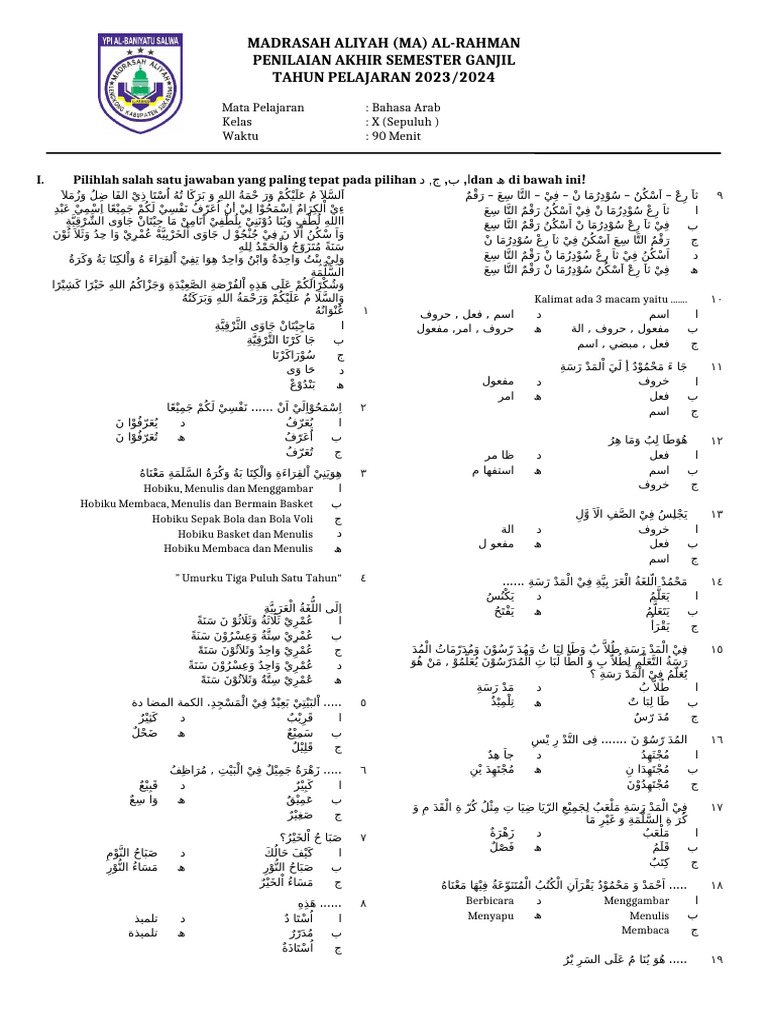 Soal PAS Ganjil 22 Bahasa Arab Kelas 10 | PDF