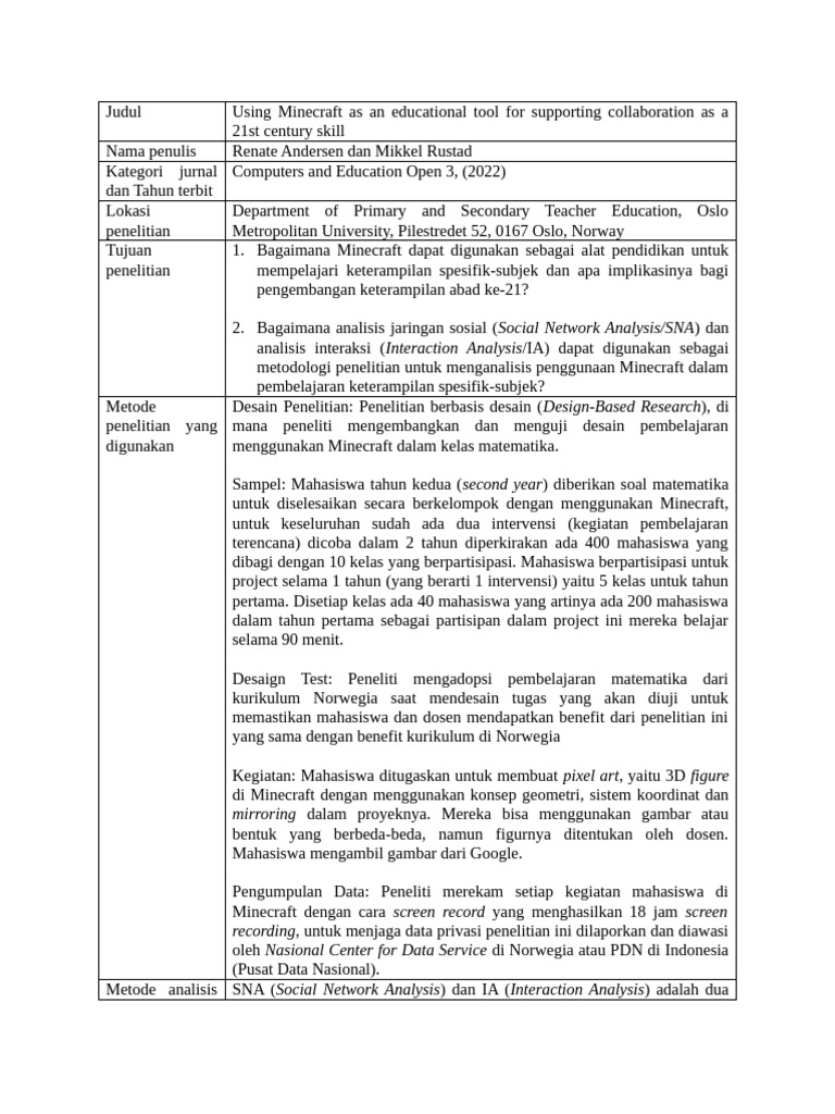 Review Jurnal Using Minecraft As An Educational Tool For Supporting ...