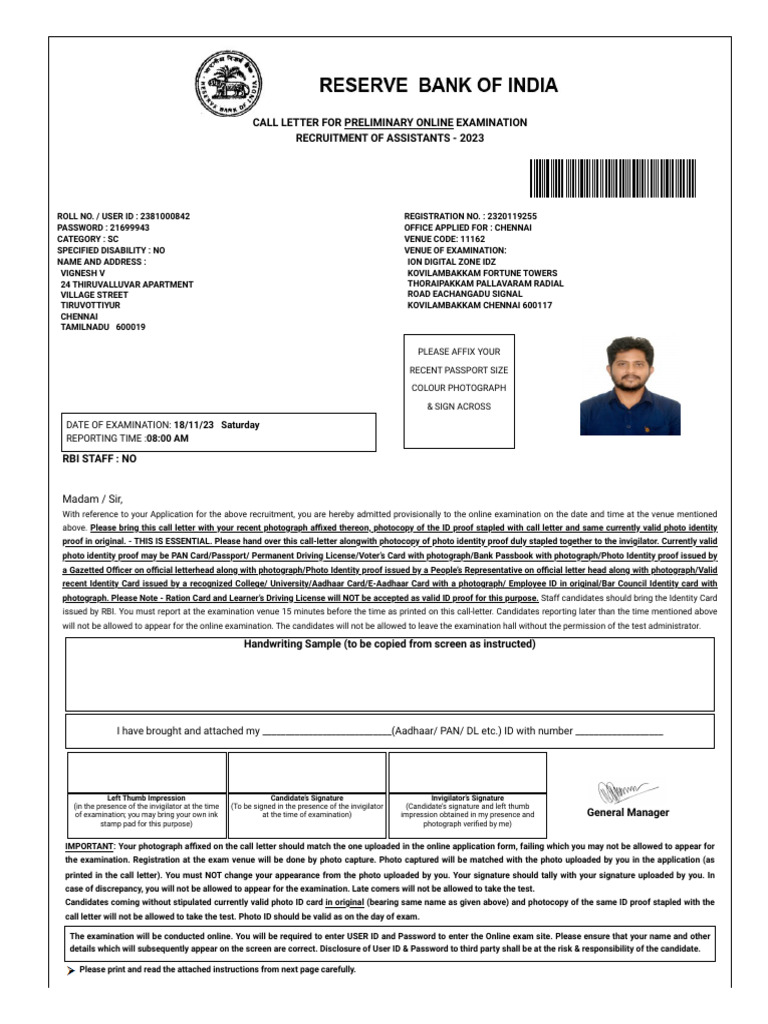 Rbiassistant Hallticket | PDF | Identity Document | Government And ...