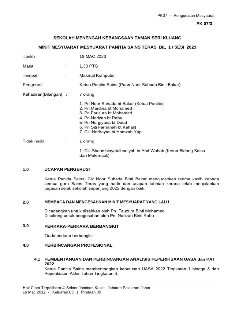 Minit Mesyuarat Panitia Sains Kali Pertama 2023 | PDF