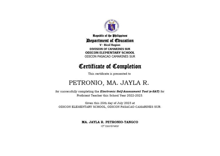 e-SAT Cert - PETRONIO, MA. JAYLA R. | PDF