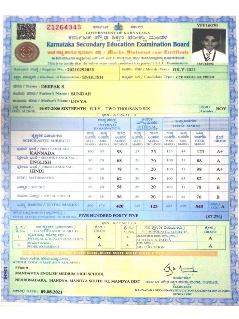 SSLC Marks Sheet | PDF