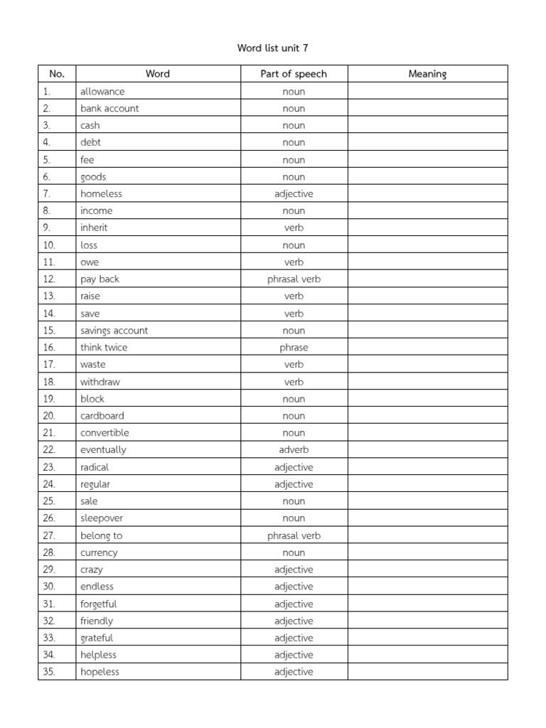 Word List Unit 7 | PDF | Adjective | Verb