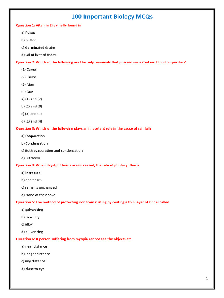 100 Biology MCQs For Class | PDF | Tissue (Biology) | Epithelium