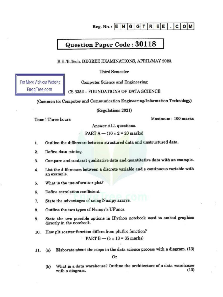 CS3352 Foundations of Data Science Apr May 2023 Question Paper Download ...