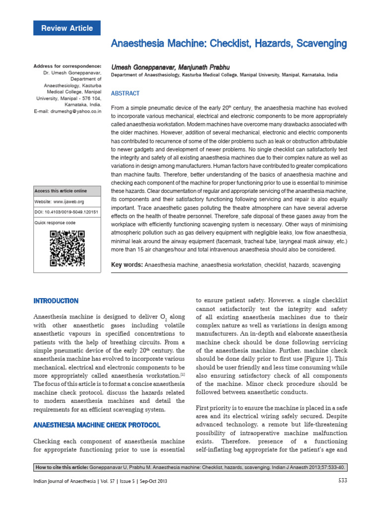 Anaesthesia Machine Checklist, Hazards,.14 | PDF | Anesthesia | Nitrous ...