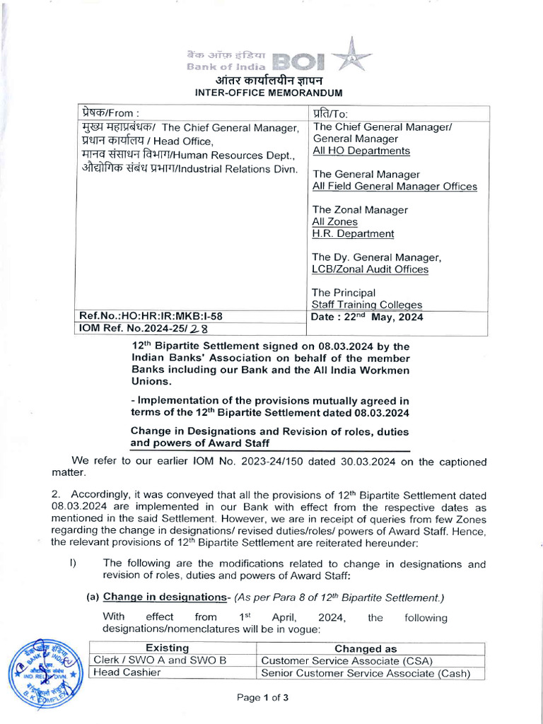 IOM 2024-25-28 - 12 BPS, Change in Designations of Award Staff | PDF