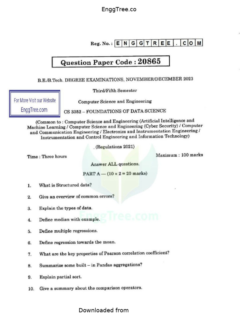 CS3352 Foundations of Data Science Nov Dec 2023 Question Paper Download ...