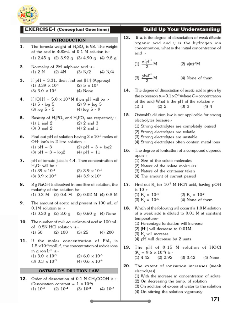 CHEMISTRY MODULE 1 - IONIC EQUILIBRIUM - Exercise-I | PDF | Hydroxide | Dissociation (Chemistry)