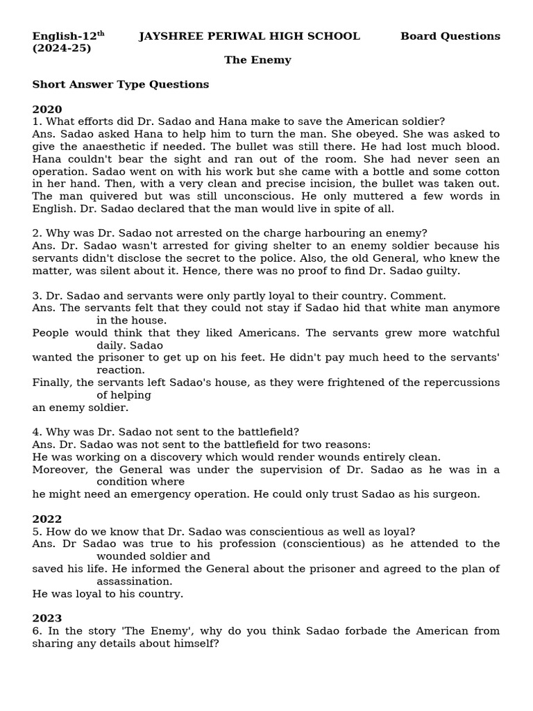 The Enemy Board Ques. Ans. 24-25 | PDF