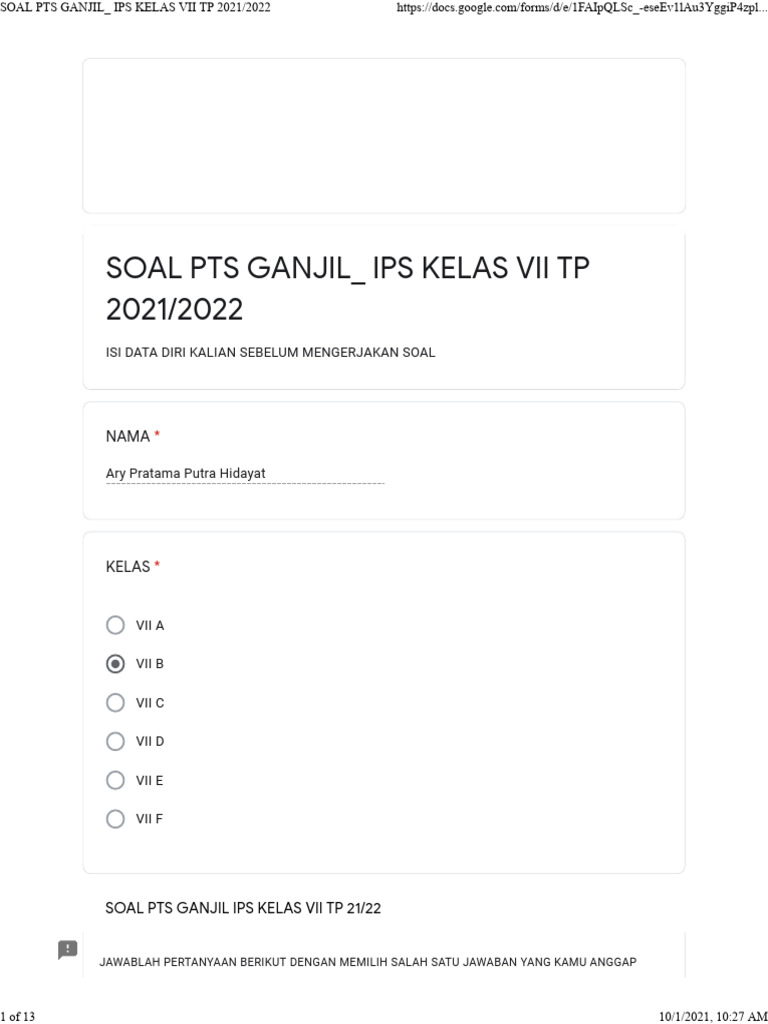 Soal PTS Ganjil - Ips Kelas Vii TP 2021 - 2022 | PDF