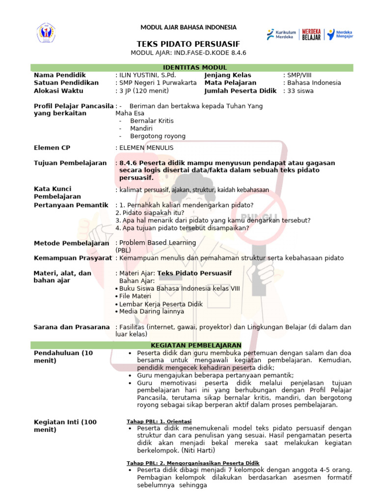 Modul Ajar Bahasa Indonesia (Observasi PMM) - ILIN | PDF