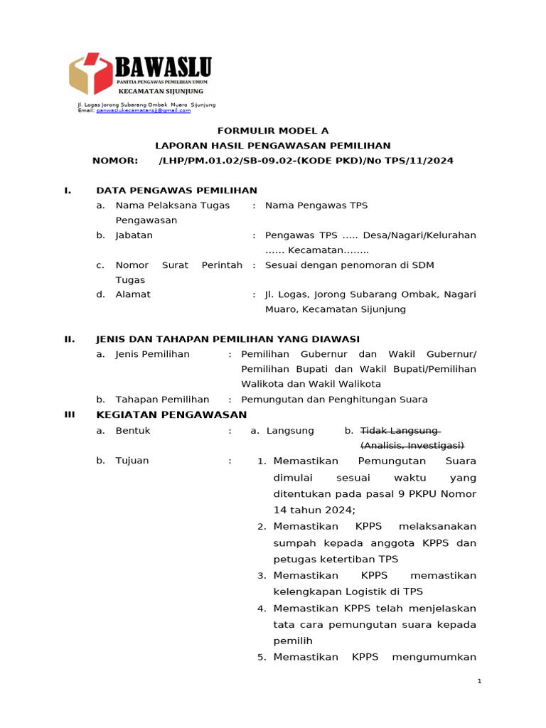 Template Formulir Model A PTPS Pilkada 2024 Fix | PDF