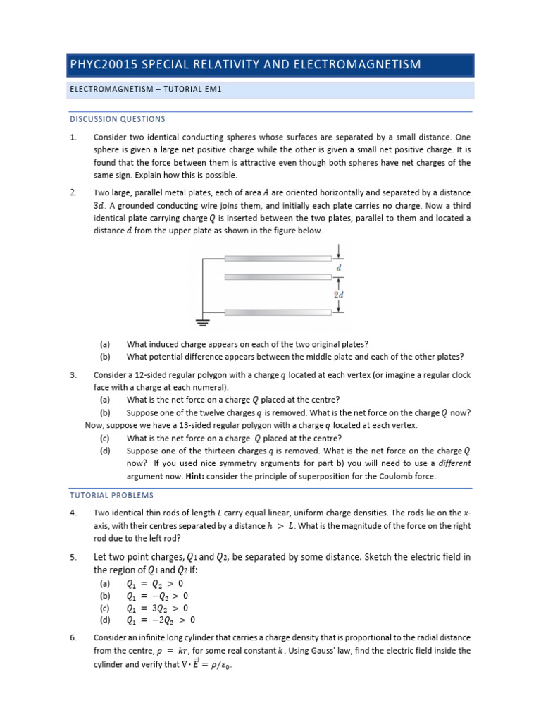 Electromagnetic Questions - Electric Fields and Forces | PDF | Electric ...