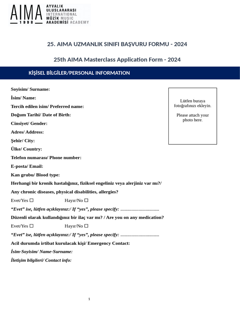 AIMA 2024 Masterclass Başvuru Formu Application Form 2 | PDF