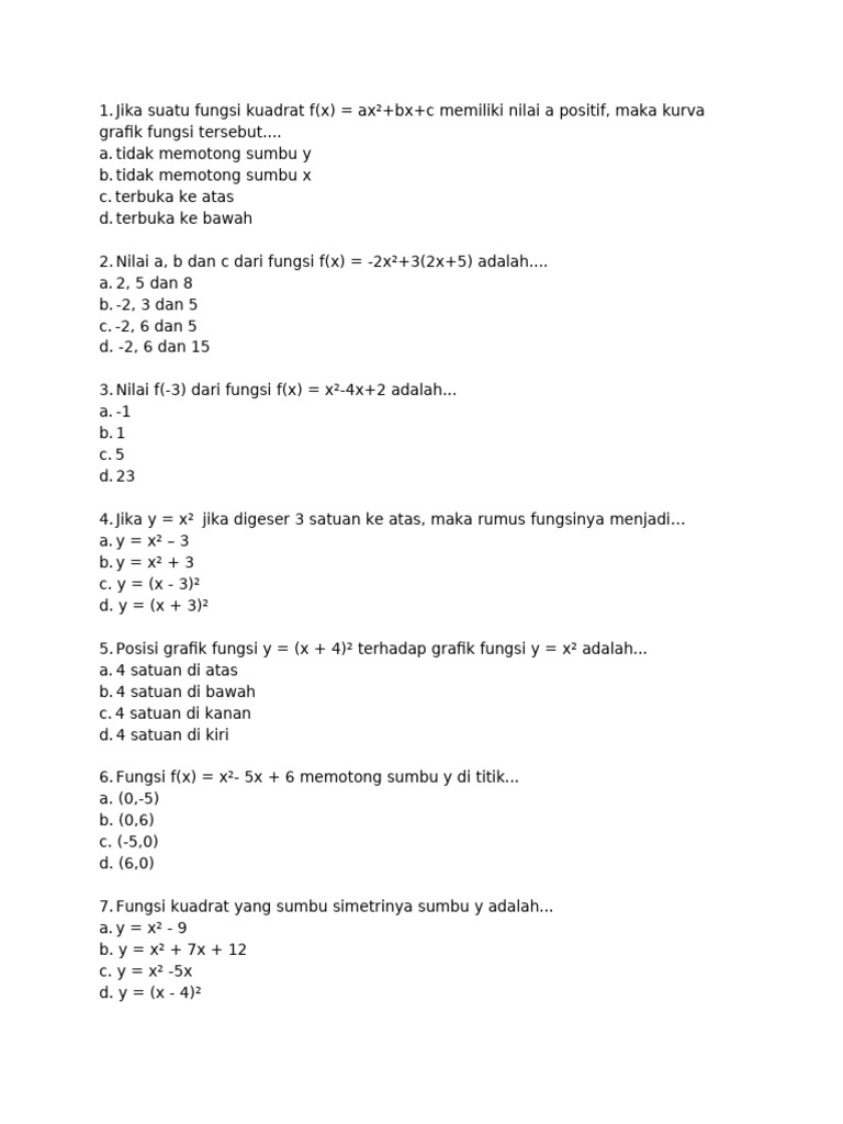 Soal Fungsi Kuadrat Kelas 9 | PDF