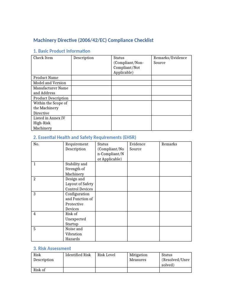Machinery Directive Checklist Template | PDF | Safety