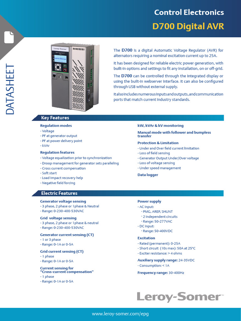 E4.1 - Avr (Nidec - d700) Data Sheet | PDF | Electric Generator | Electrical Grid
