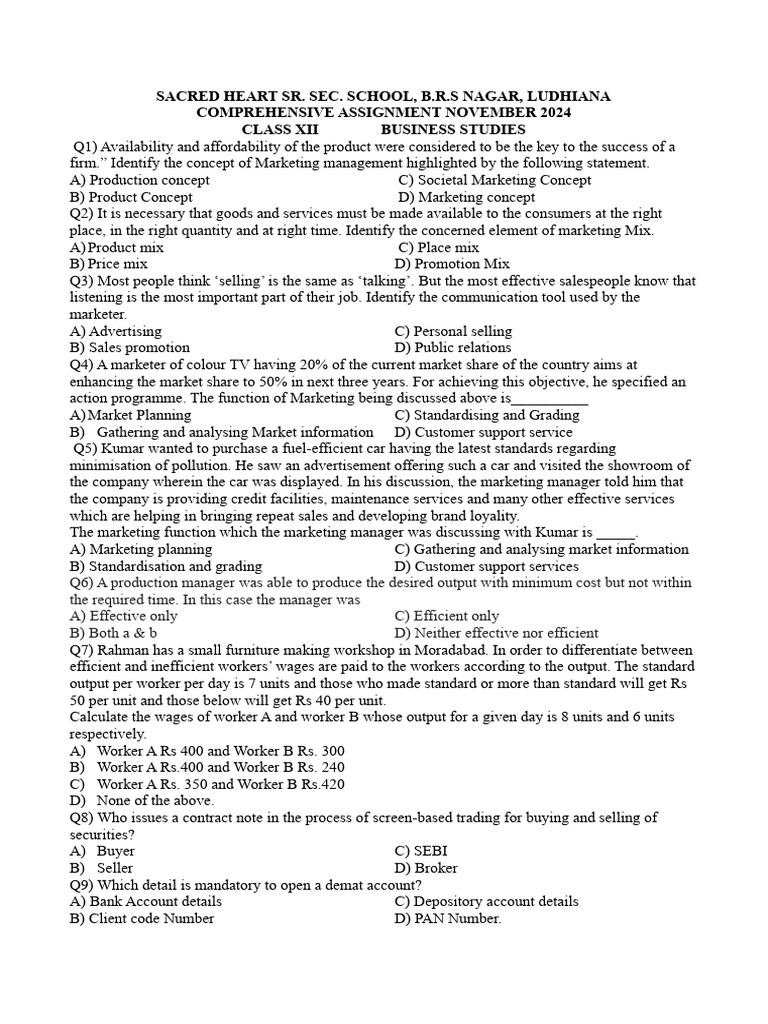 2024 Comprehensive Assignment BSTD Class 12 Nov Dec | PDF | Marketing | Capital Structure