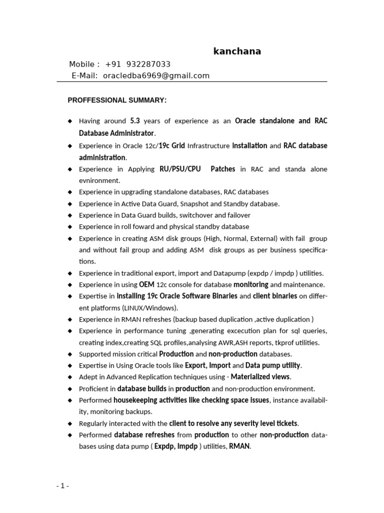 Oracle DBA - RAC - Updated Profile - Kanchana | PDF | Databases | Backup