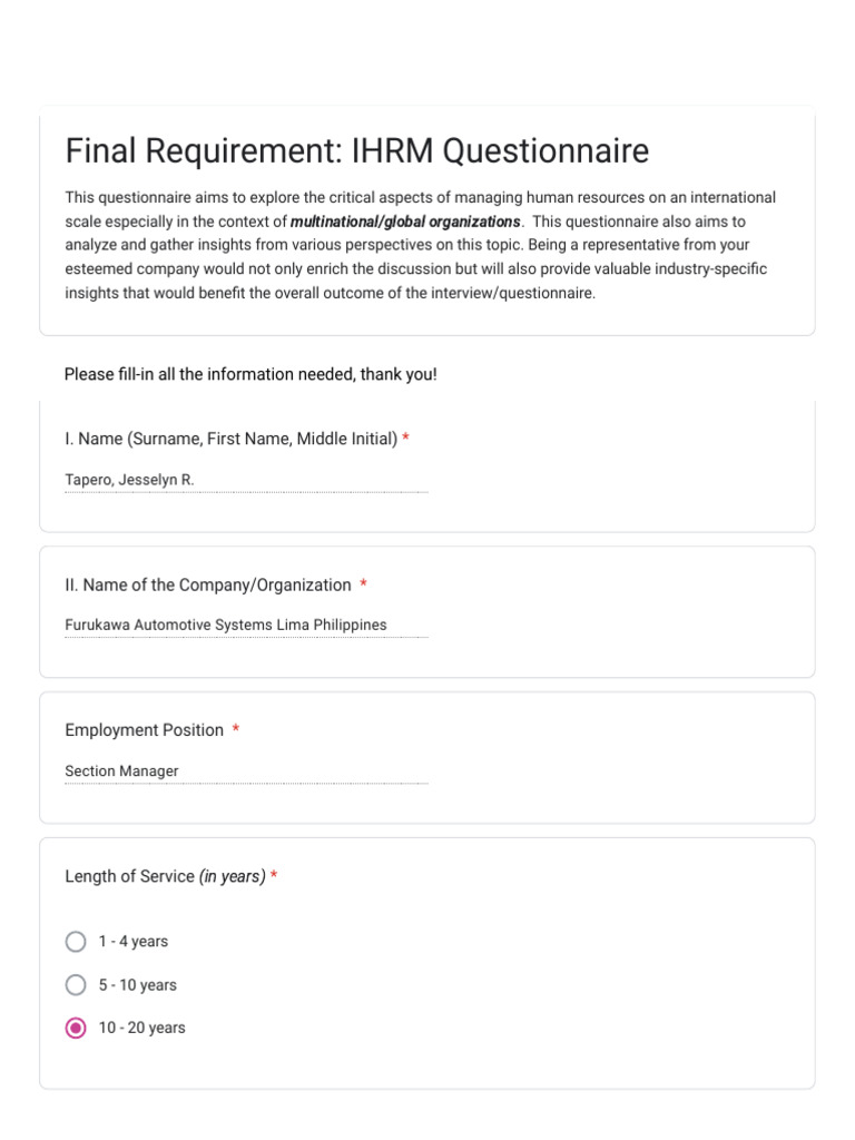 Final Requirement - IHRM Questionnaire | PDF | Human Resources | Business