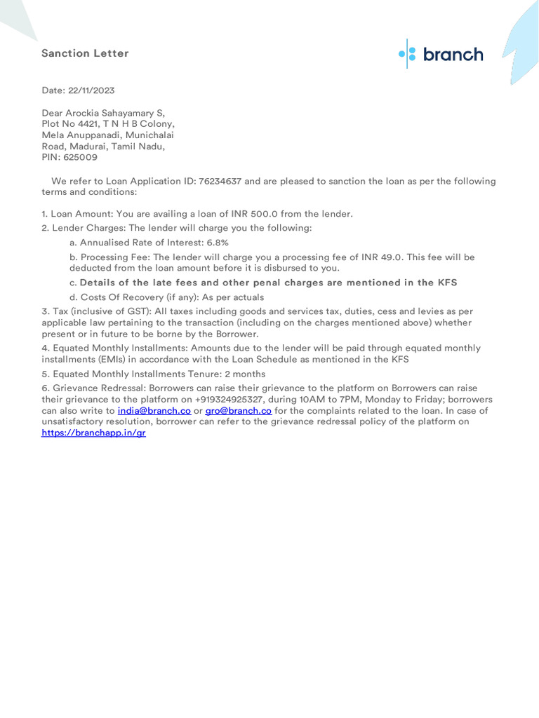 Sanction Letter | PDF