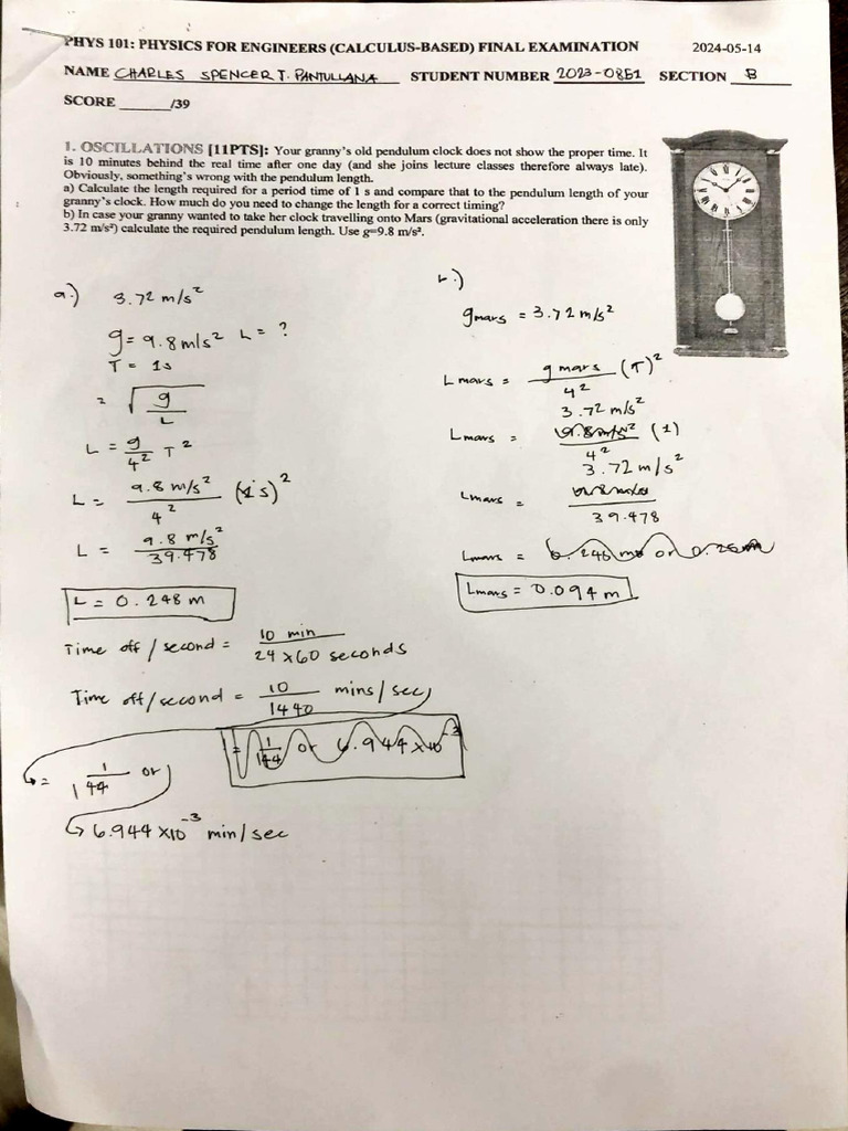 Physics 101 Final Exam Solutions | PDF | Pendulum | Incandescent Light Bulb