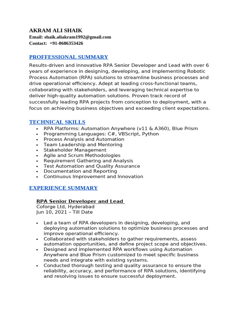 Akram Ali Shaik - 6 Years | PDF | Automation | Business Process