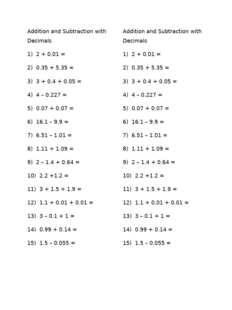 Addition and Subtraction With Decimals | PDF