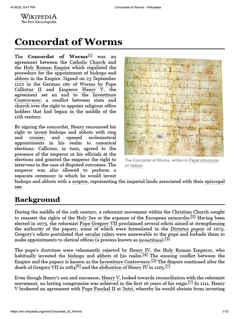 Concordat of Worms - Wikipedia | PDF | Catholic Church