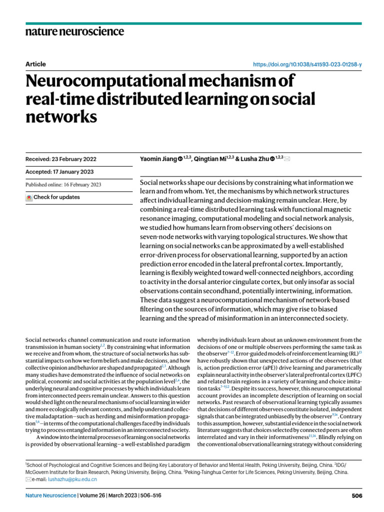 NN 2023 Neurocomputational Mechanism of Real-Time Distributed Learning On Social Networks | PDF ...