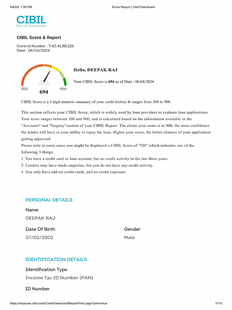 Score Report - Cibil Dashboard | PDF