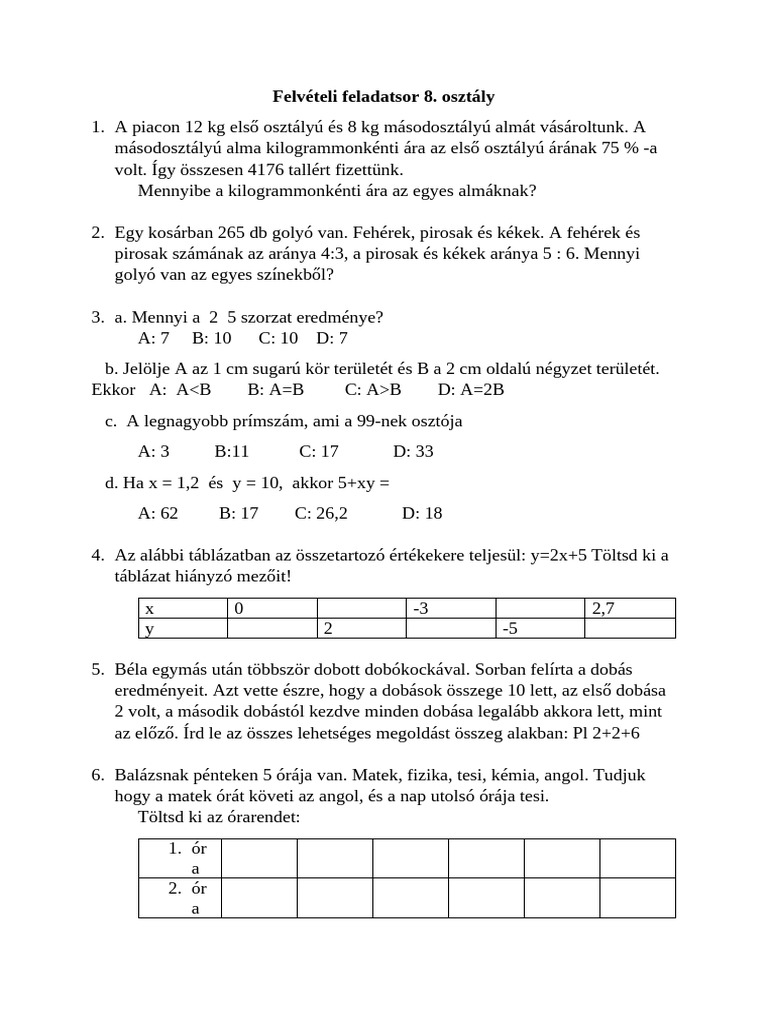 Felvételi Feladatsor 8 | PDF