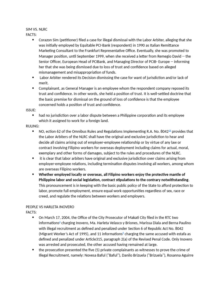 Labor Law Case Emrecruitment and Placement | PDF | Arbitration | Employment