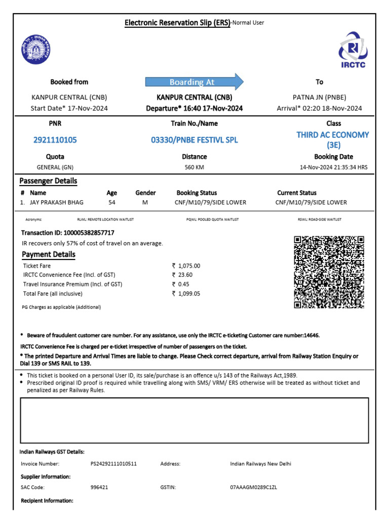 03330/pnbe Festivl SPL Third Ac Economy (3E) | PDF | Identity Document ...