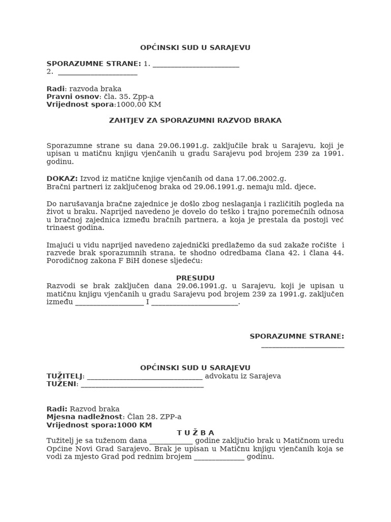 Tužba Za Razvod Braka | PDF