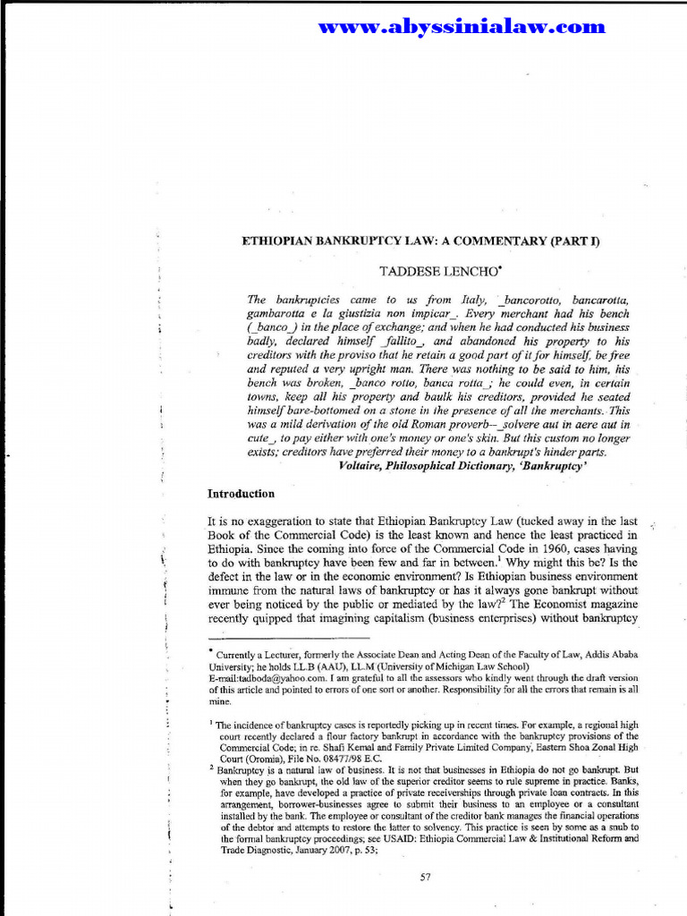 41-Ethiopian Bankruptcy Law A Commentary (Part I) Taddese Lencho | PDF