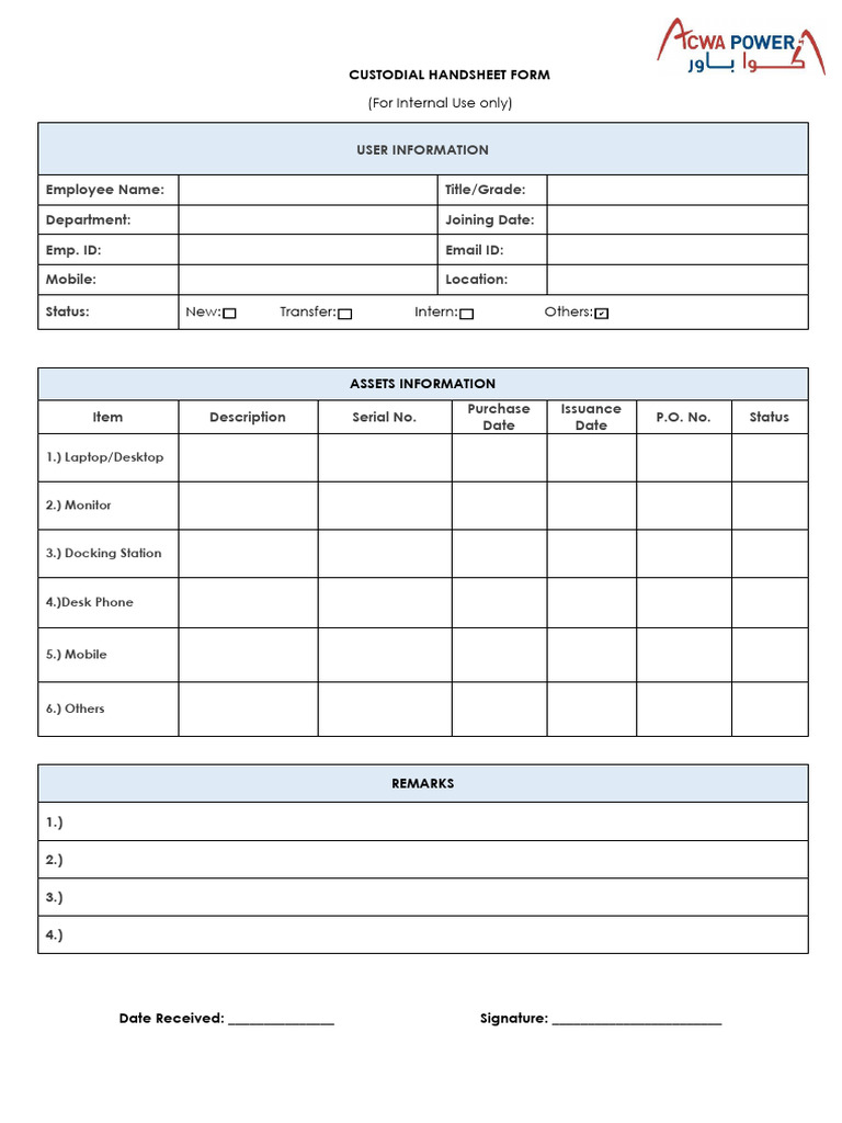 Custodial Handsheet Form - Blank 1 | PDF