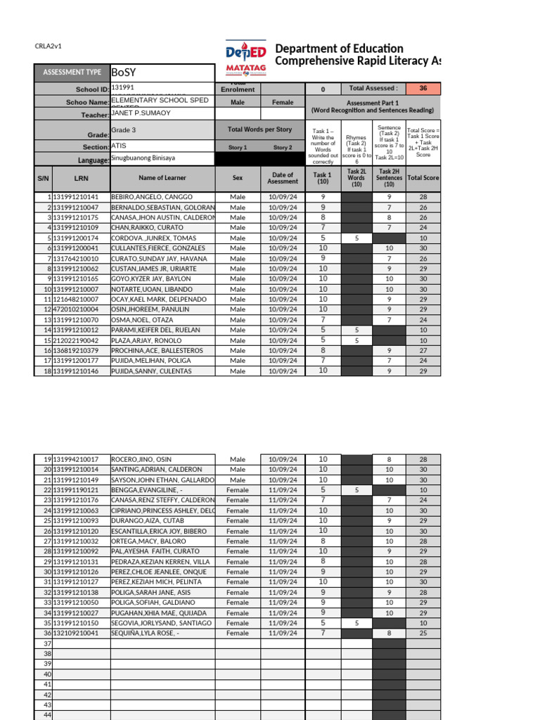 CRLA2 - Grade3 ATIS Scoresheet - v1 | PDF | Reading (Process) | Learning