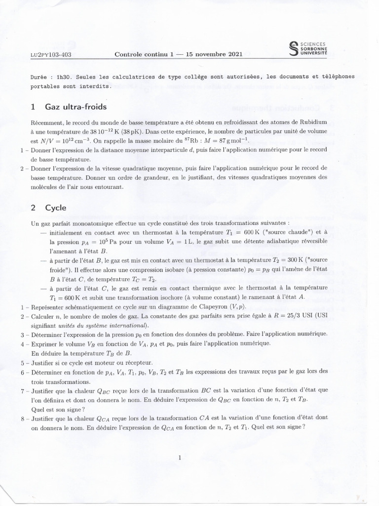 Thermodynamique CC1 2021-2022 | PDF