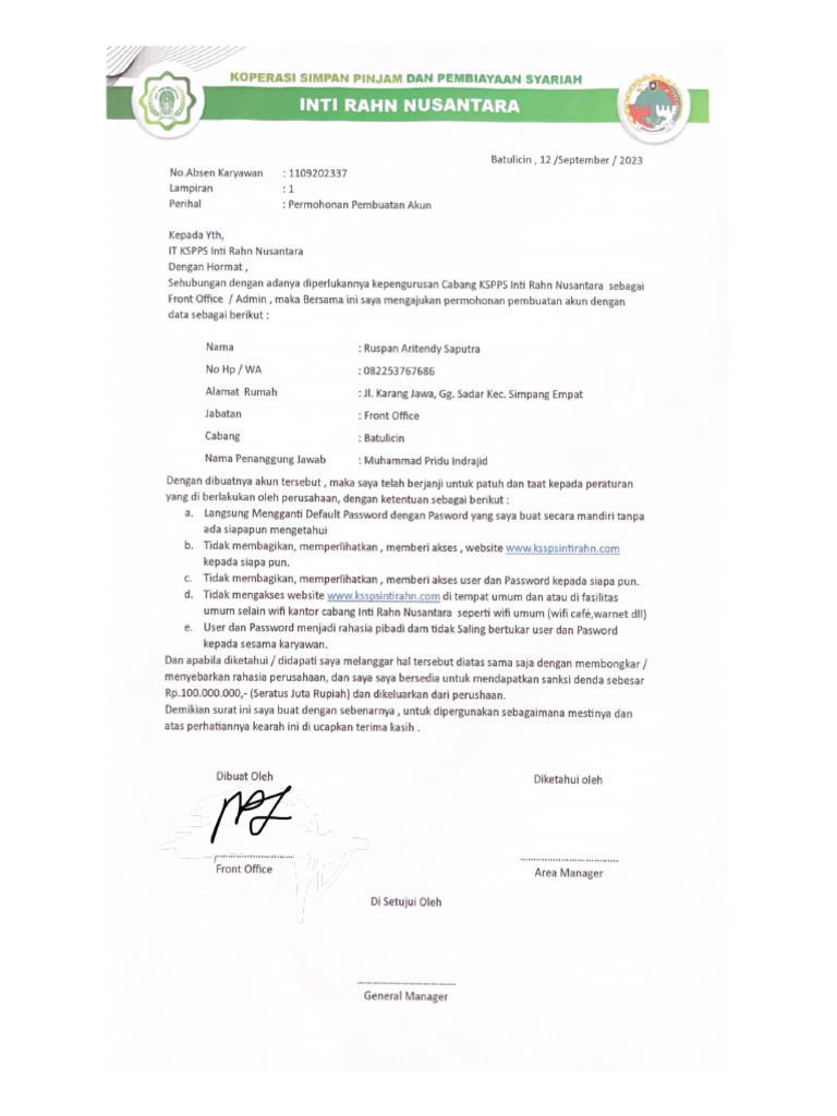 Permohonan Pembuatan Akun Ruspan Aritendy S-1 | PDF