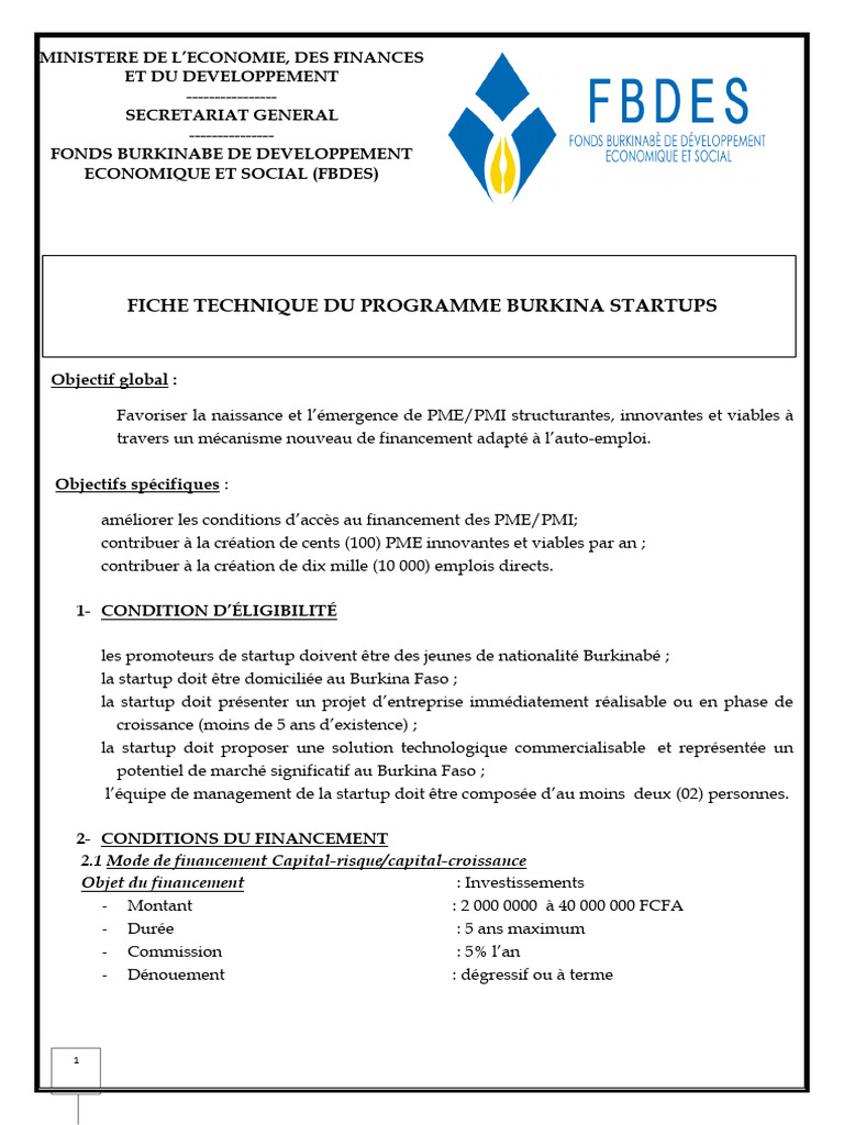 Fiche Technique Burkina Startups | PDF | Petite ou moyenne entreprise ...
