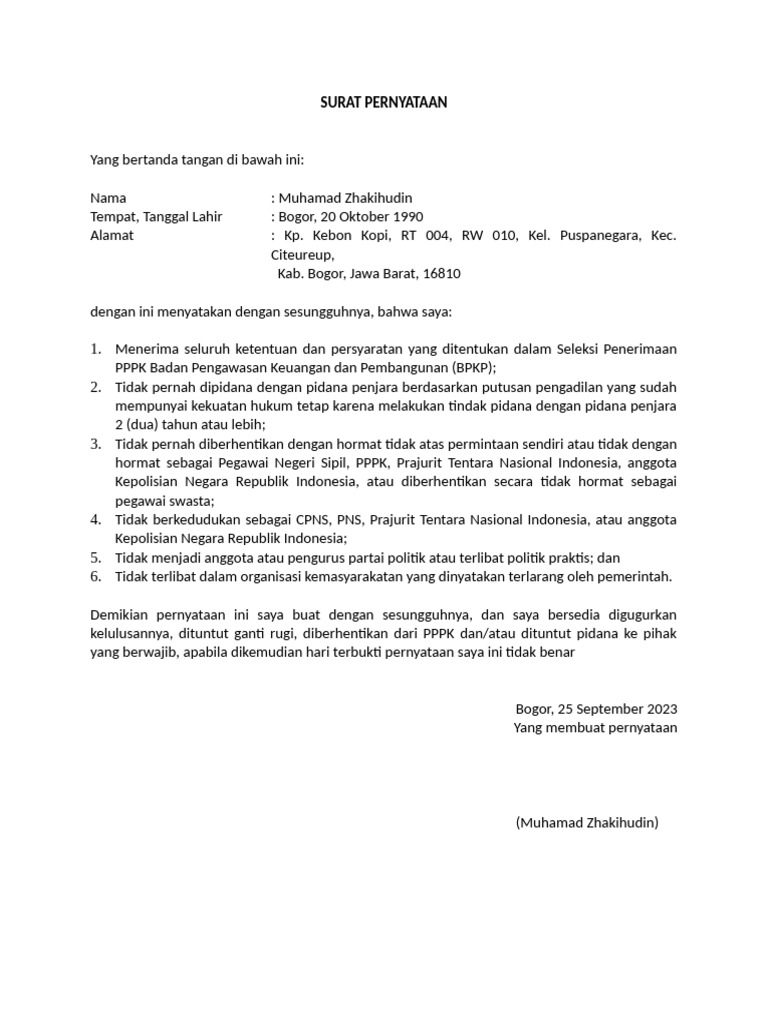Surat Pernyataan BPKP | PDF