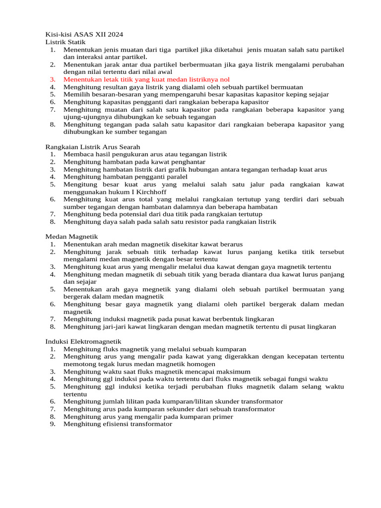 Kisi-kisi Fisika ASAS XII 2024 | PDF