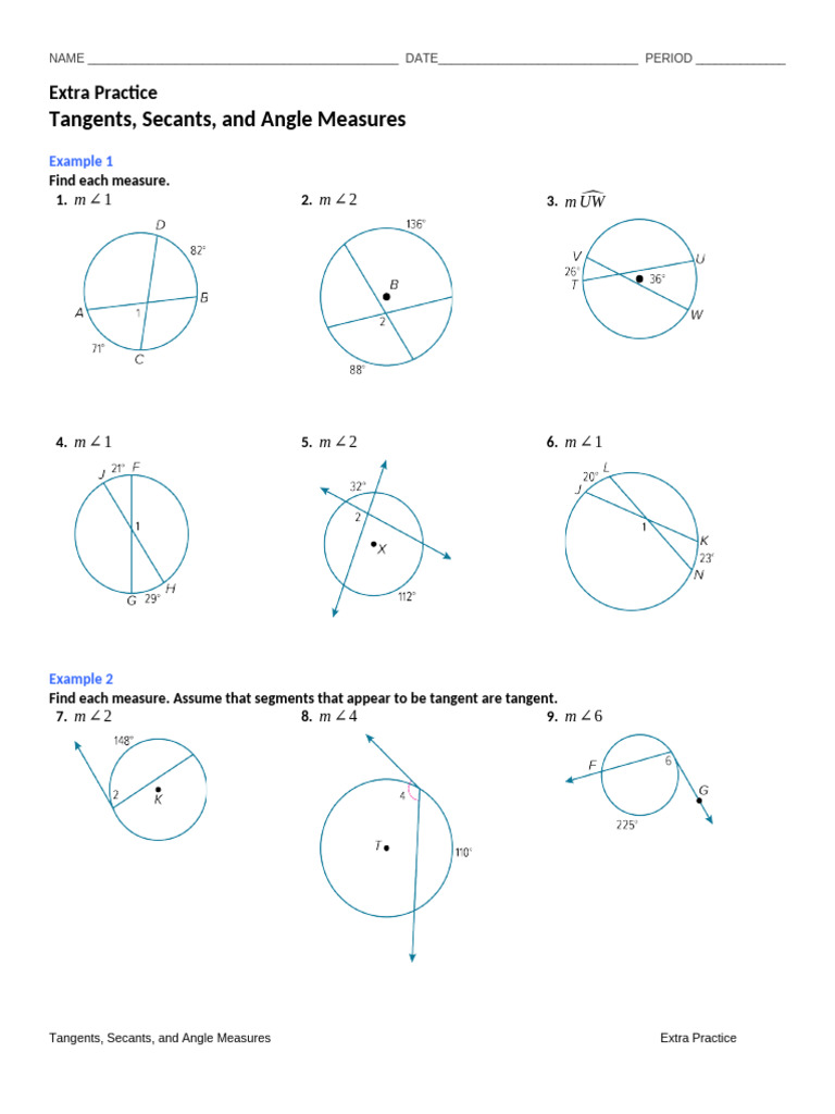 Tangents and Secants Angle Practice | PDF