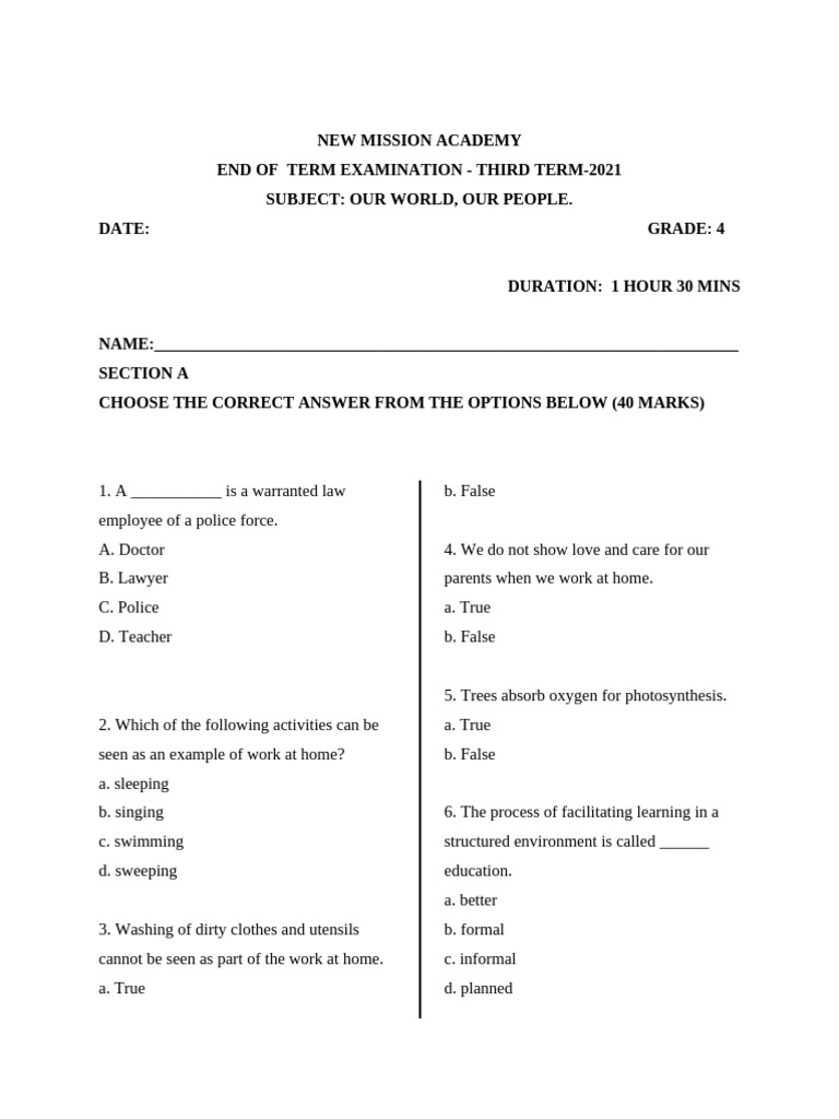 End of Term Exams - Third Exams - Owop (Grade 4) | PDF | Agriculture ...