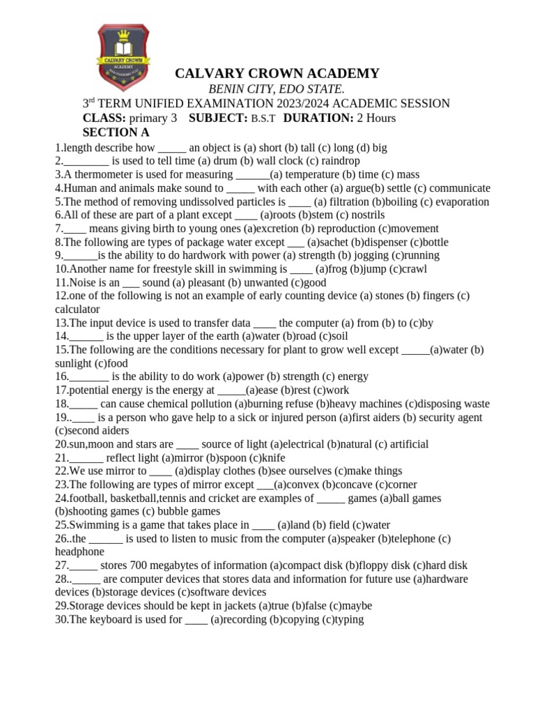 Primary 3 QUESTIONS UGBOR | PDF | Foods | Vegetables