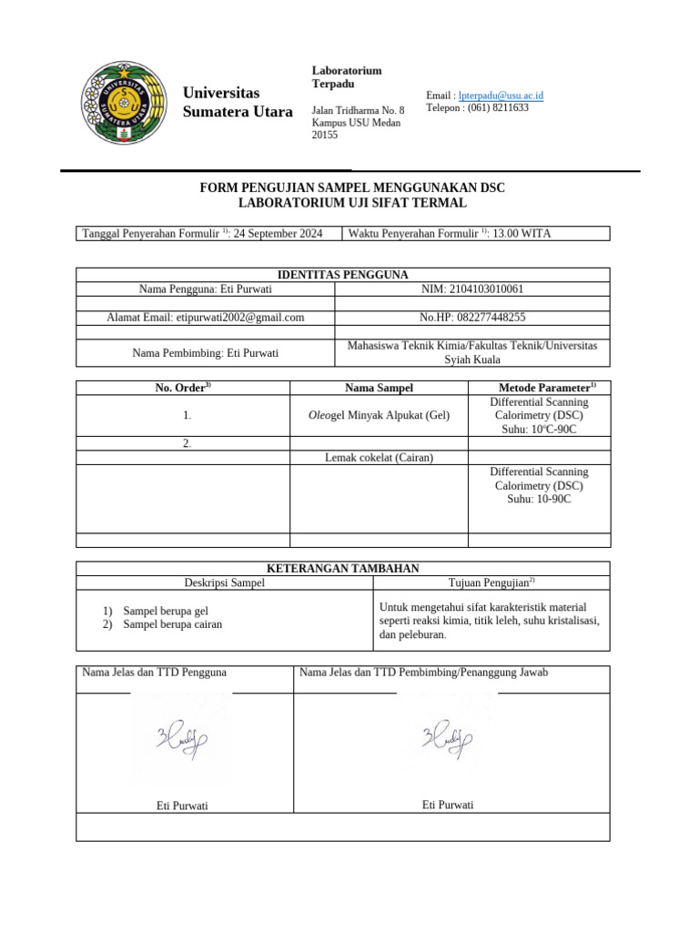 Formulir Pengujian DSC Sampel | PDF