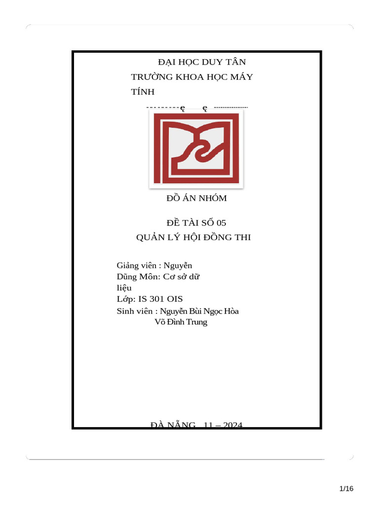 Do An CSDL 2024 1 - Đồ án cơ sở dữ liệu - Đề tài số - 05 - Final | PDF